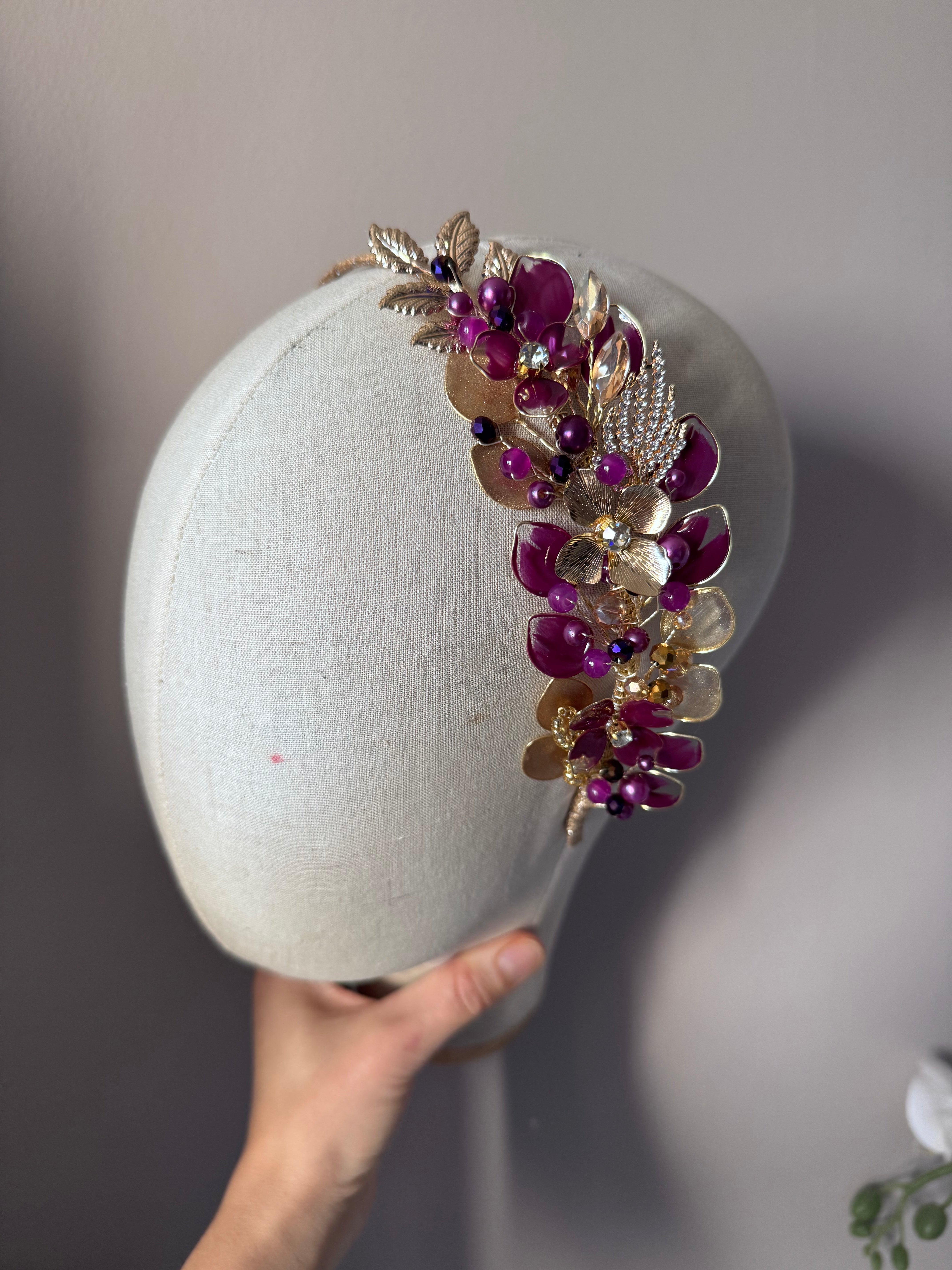 Plum and Gold Side headpiece – The Blooming Crown